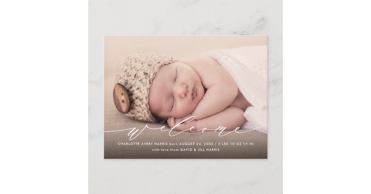 Calligraphy Photo Birth Announcement Postcard | Zazzle