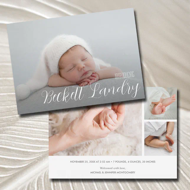 Calligraphy Photo Collage Birth Announcement | Zazzle