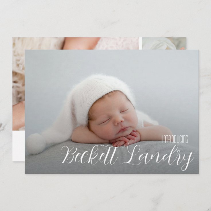 Calligraphy Photo Collage Birth Announcement | Zazzle