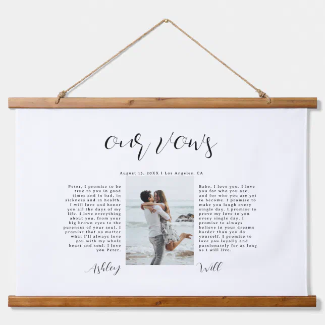 Calligraphy Photo His And Hers Wedding Vows Hanging Tapestry | Zazzle