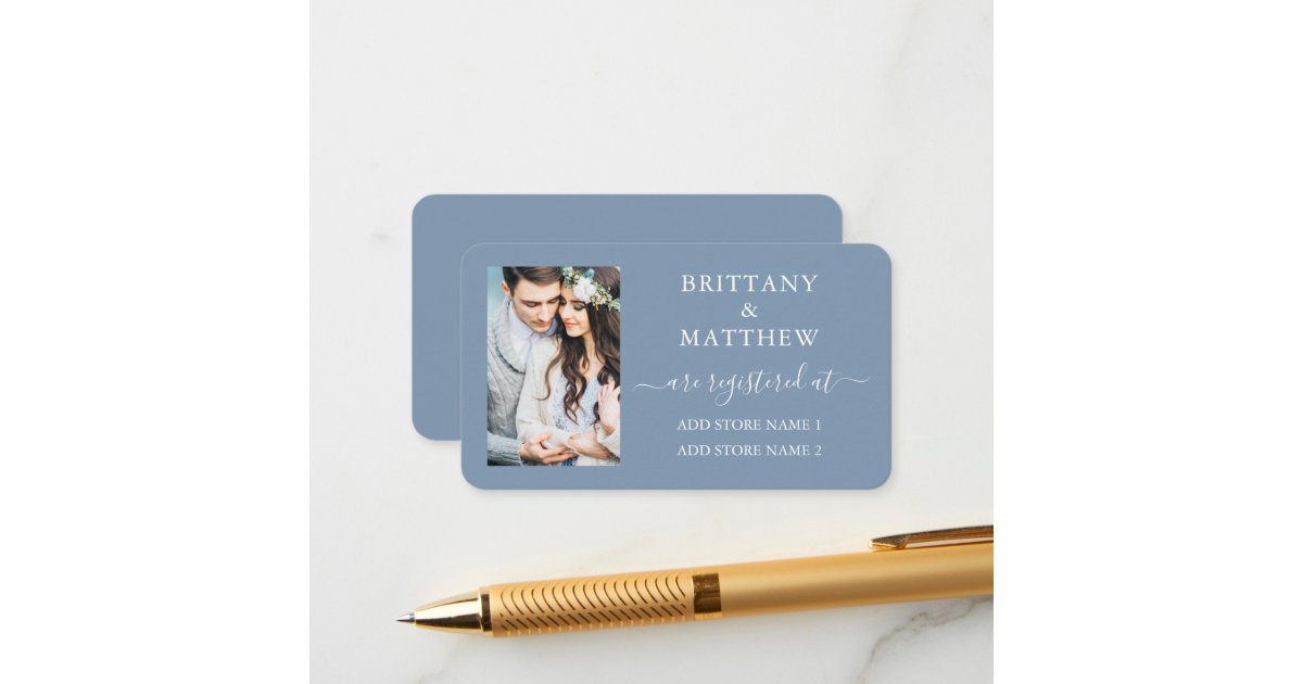 Calligraphy Photo Wedding Registry Dusty Blue Enclosure Card | Zazzle