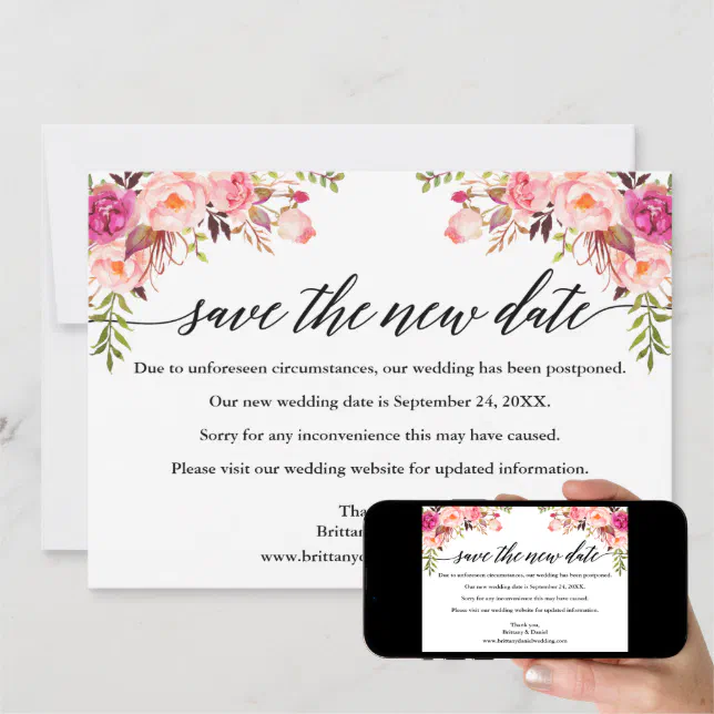Calligraphy Pink Floral Save The New Date Card | Zazzle