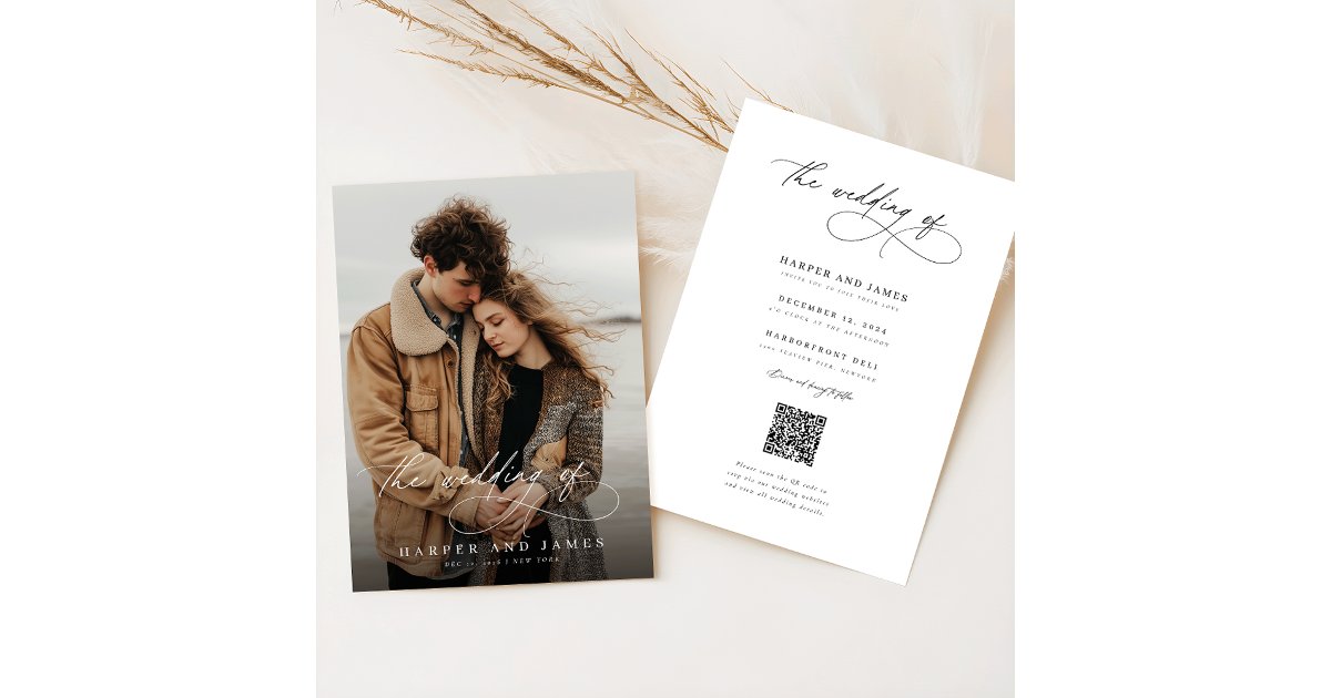 Calligraphy Qr Code Photo Romantic Wedding Invitation | Zazzle