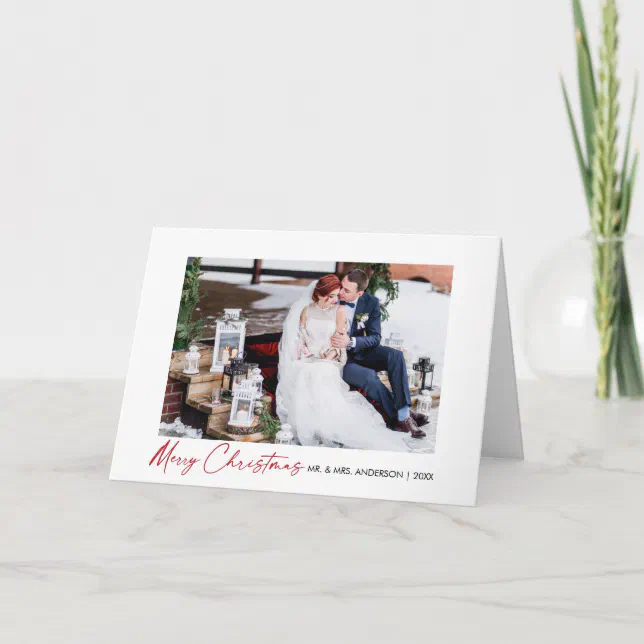 Calligraphy Red Ink Script Wedding Fold Photo Holiday Card | Zazzle