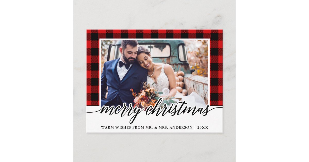Calligraphy Red Plaid Wedding Photo Christmas Postcard | Zazzle