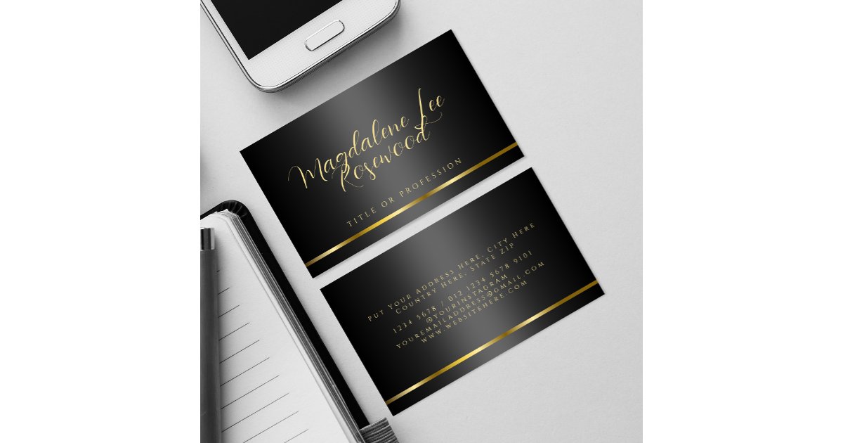 Calligraphy Script Black Gold Business Card | Zazzle