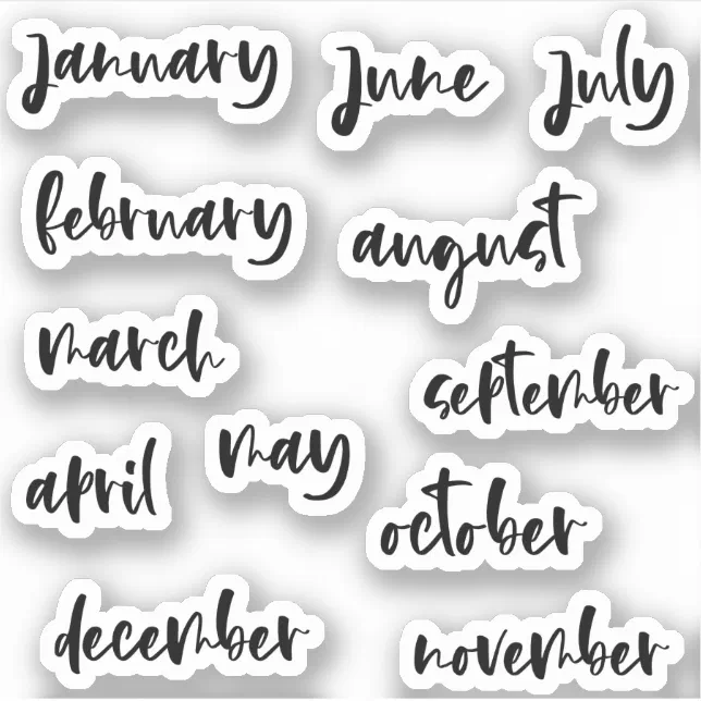 Calligraphy Script Black Months of the Year Sticker | Zazzle