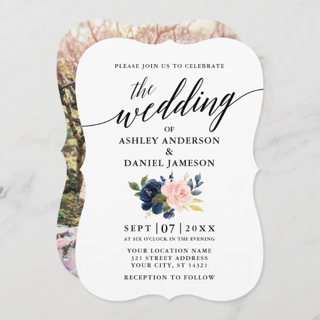Calligraphy Script Blue Pink Floral Photo Wedding Invitation | Zazzle