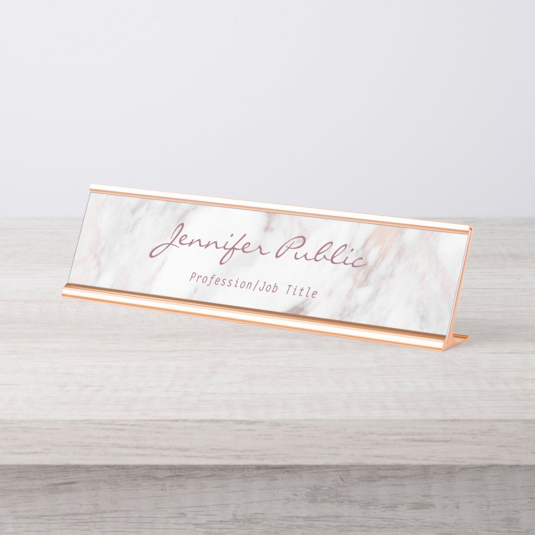 Calligraphy Script Elegant Rose Gold Marble Modern Desk Name Plate | Zazzle