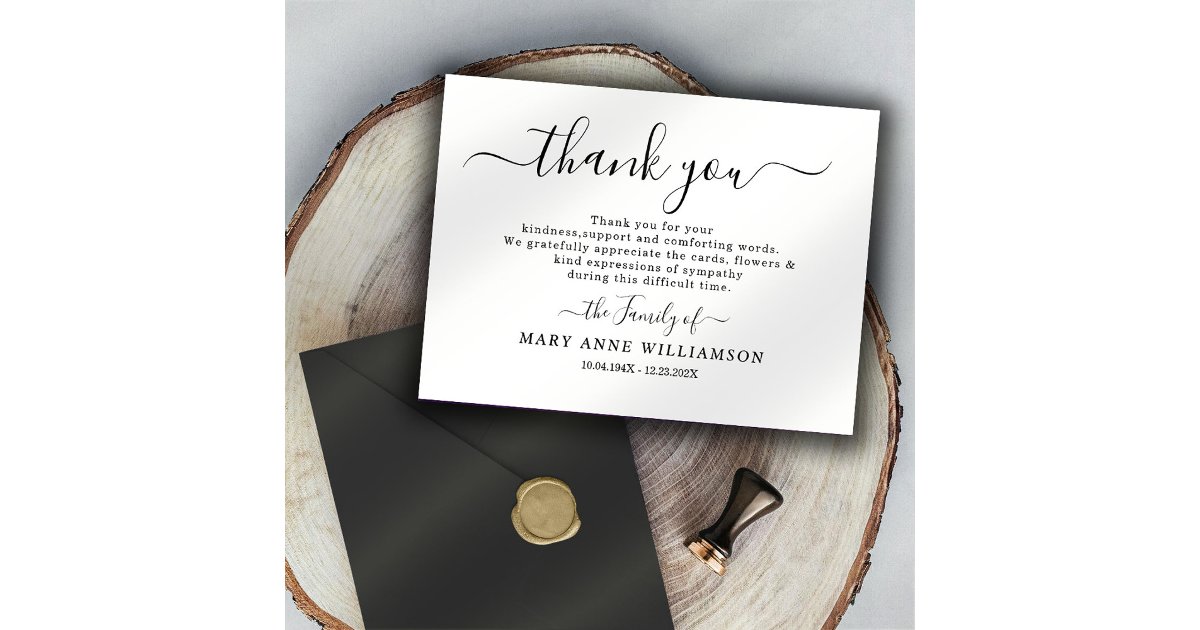 Calligraphy Script Funeral Thank You Card Template | Zazzle