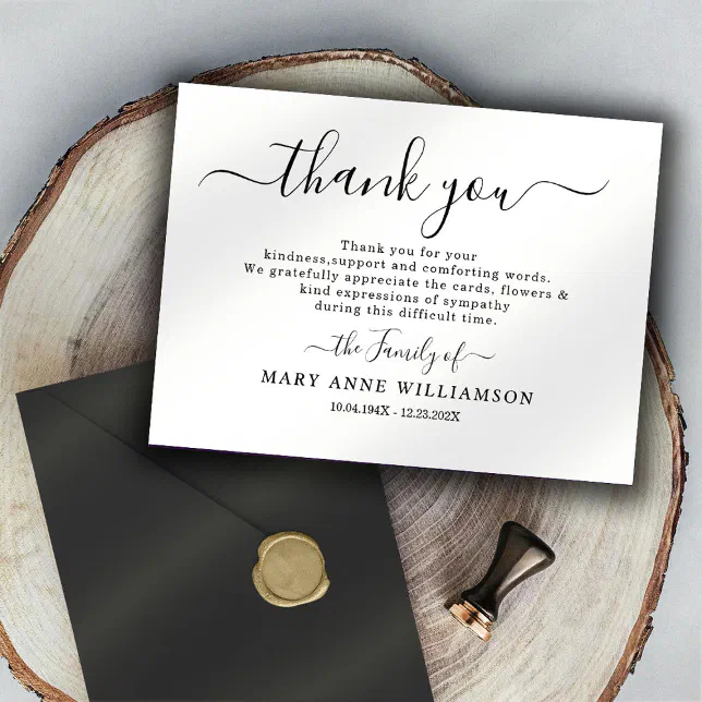 Calligraphy Script Funeral Thank You Card Template | Zazzle