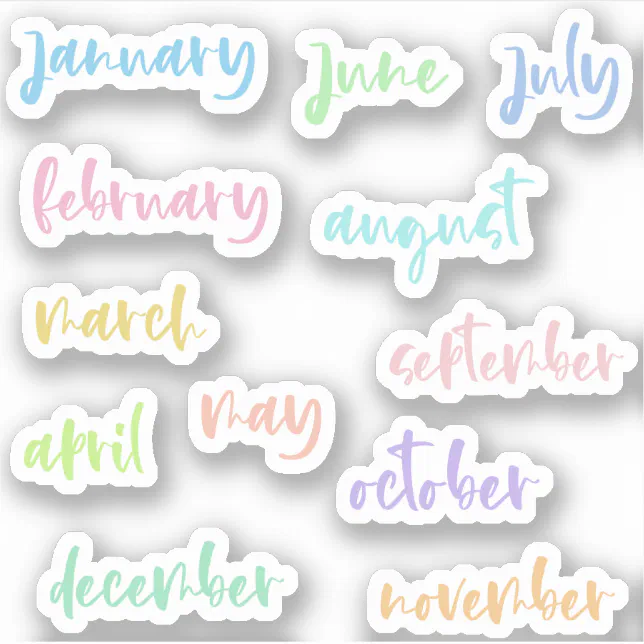 Calligraphy Script Light Colors Months of the Year Sticker | Zazzle