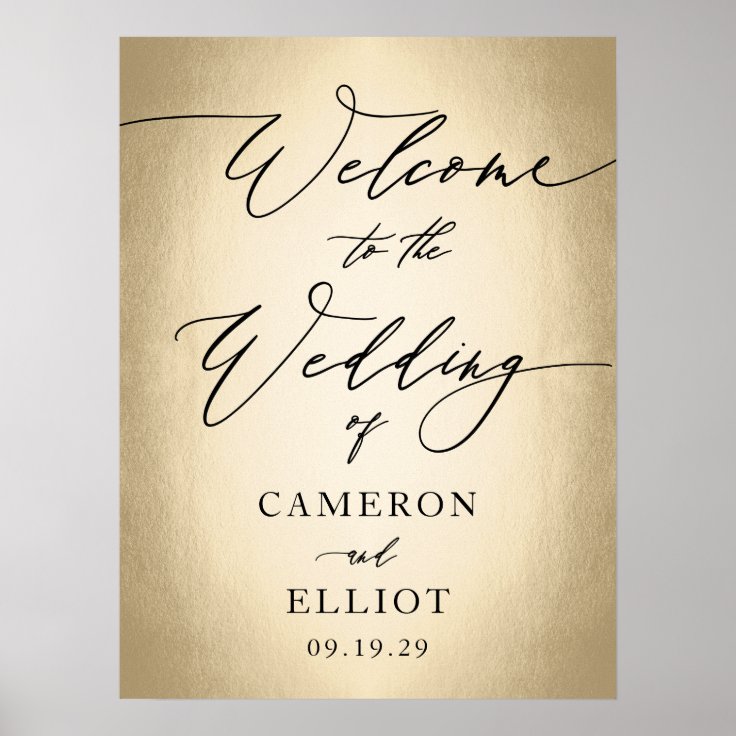 Calligraphy Script On Gold Welcome Wedding Sign | Zazzle