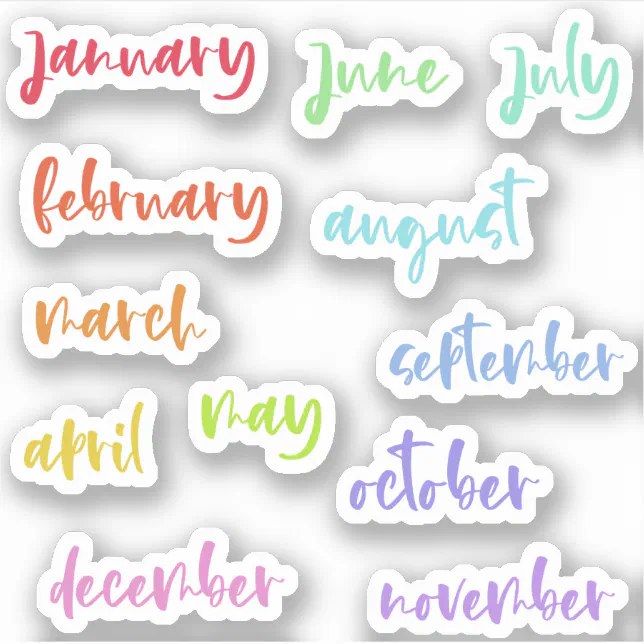 Calligraphy Script Rainbow Months of the Year Sticker | Zazzle