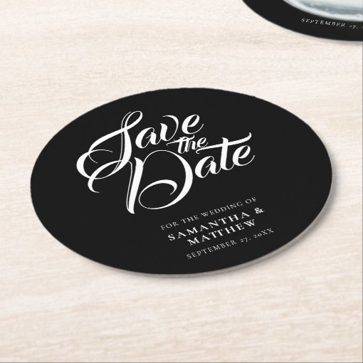 Calligraphy Script Save The Date Invitation Round Paper Coaster | Zazzle