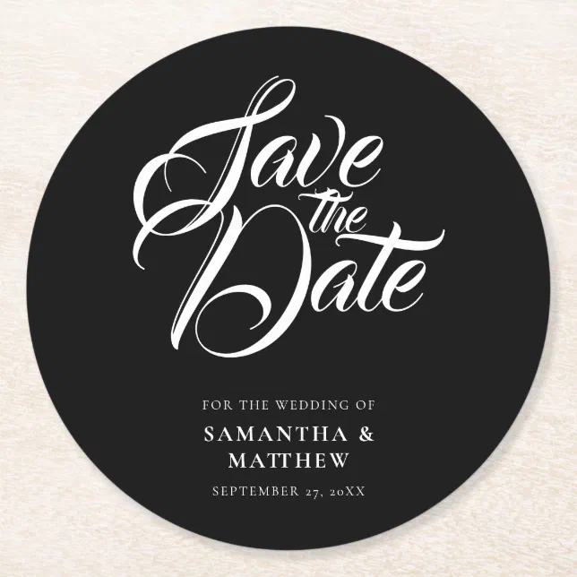 Calligraphy Script Save The Date Invitation Round Paper Coaster | Zazzle