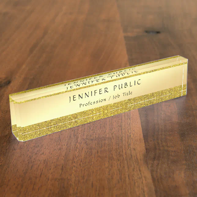 Calligraphy Script Text Name Elegant Gold Glitter Desk Name Plate | Zazzle