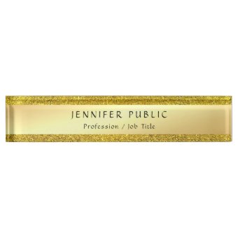 Calligraphy Script Text Name Elegant Gold Glitter Desk Name Plate | Zazzle