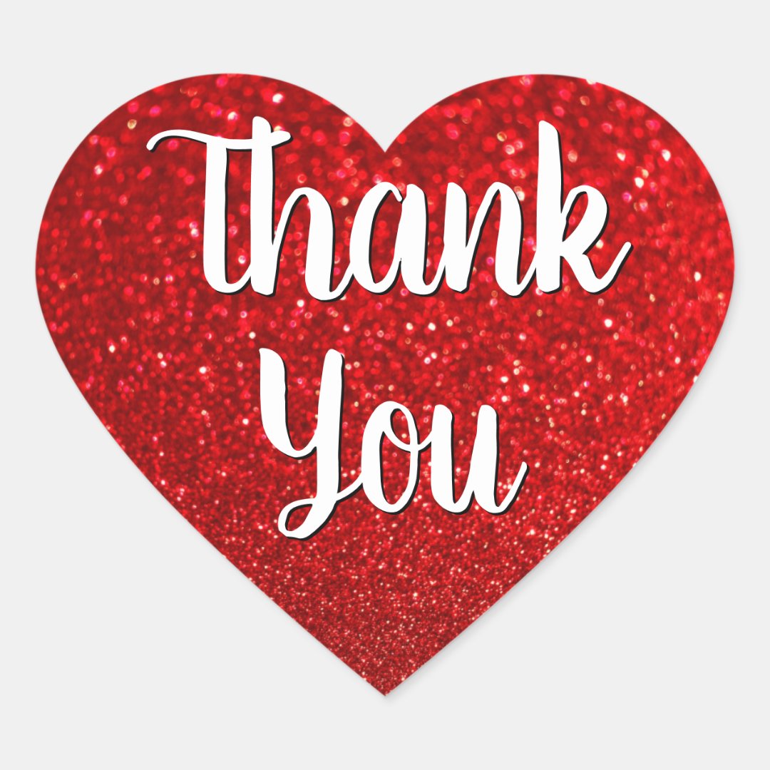 Calligraphy Thank You Red Glitter Bokeh Heart Sticker | Zazzle