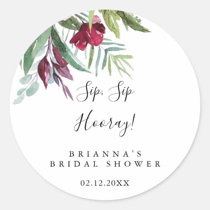 Calligraphy Tropical Sip Sip Hooray Bridal Shower Classic Round Sticker ...
