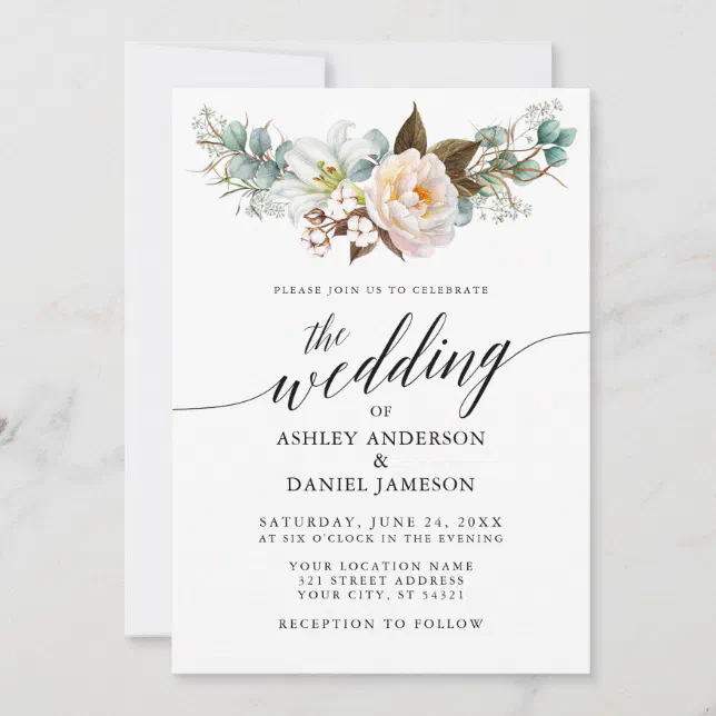 Calligraphy Watercolor Botanical Floral Wedding Invitation | Zazzle