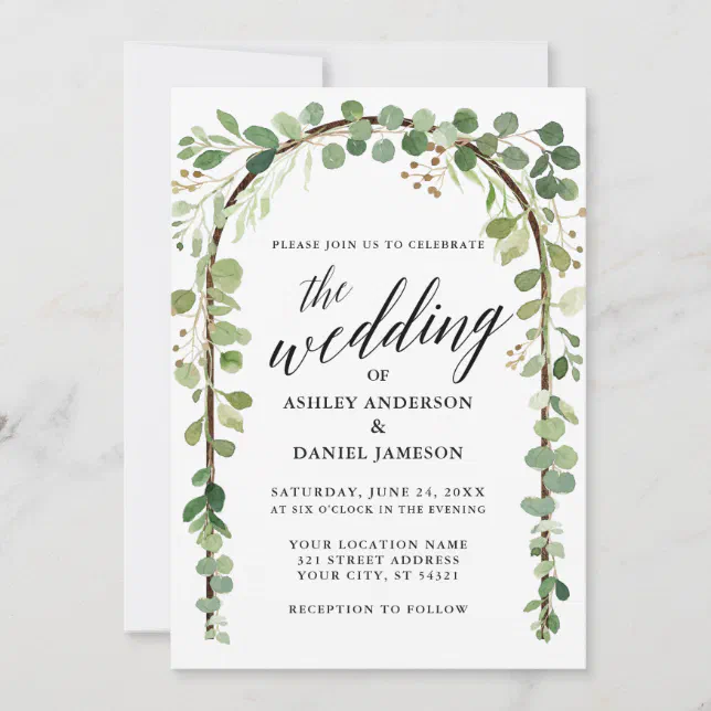 Calligraphy Watercolor Botanical Wood Arch Wedding Invitation | Zazzle