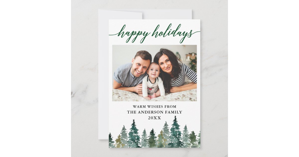Calligraphy Watercolor Green Pine Trees Photo Holiday Card | Zazzle