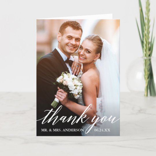 Calligraphy Wedding Bride and Groom Photo Fold Thank You Card | Zazzle.com