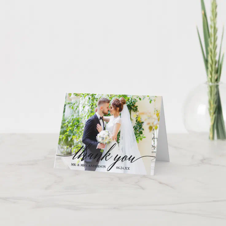 Calligraphy Wedding Bride Groom Photo B Note Thank You Card | Zazzle