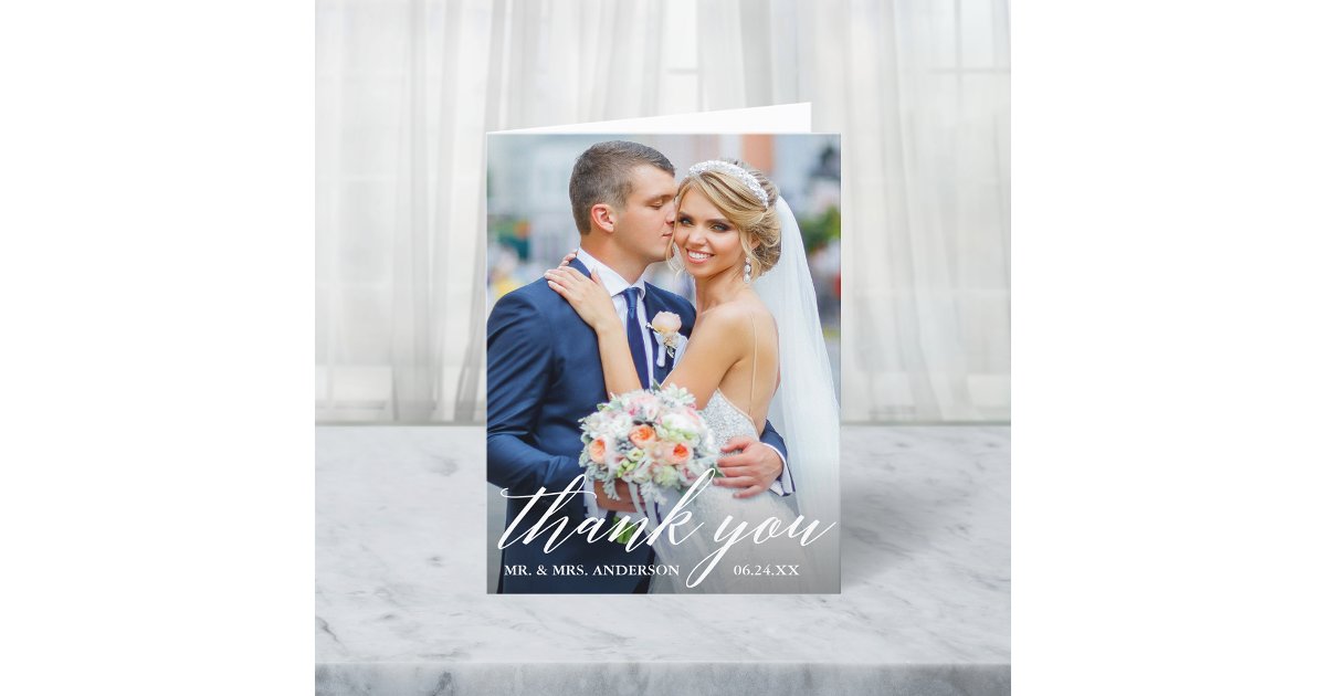 Calligraphy Wedding Bride Groom Photo Note Thank You Card | Zazzle