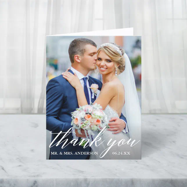 Calligraphy Wedding Bride Groom Photo Note Thank You Card | Zazzle