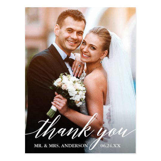 Calligraphy Wedding Bride Groom Photo Thank You Postcard | Zazzle.com