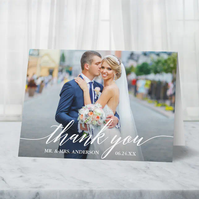 Calligraphy Wedding Bride Groom Photo W Note Thank You Card | Zazzle