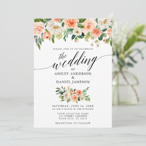 Calligraphy Wedding Coral Floral W Invitation | Zazzle