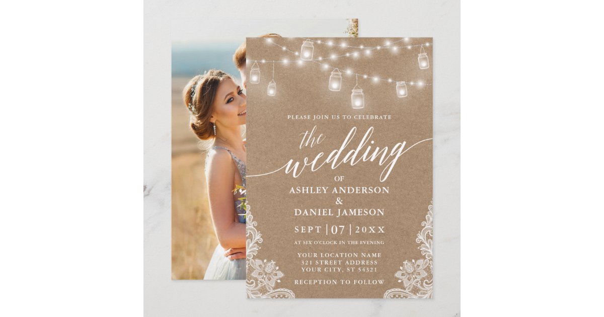 Calligraphy Wedding Lights Lace Kraft Photo Invitation | Zazzle