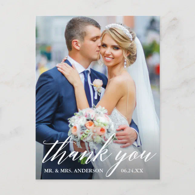 Calligraphy Wedding Photo Bride Groom Thank You Postcard | Zazzle