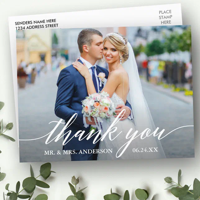 Calligraphy Wedding Photo Bride Groom Thank You W Postcard | Zazzle