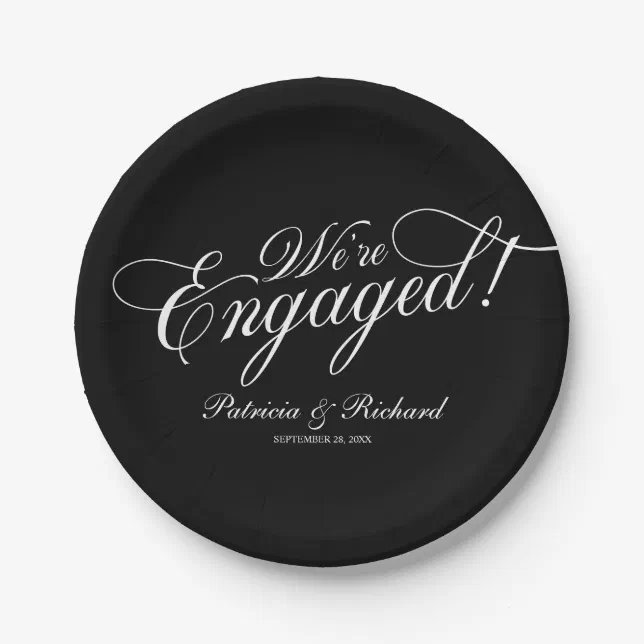 Calligraphy We're Engaged Engagement Party Black Paper Plates | Zazzle