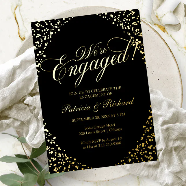 Calligraphy We're Engaged Engagement Party Foil Invitation | Zazzle