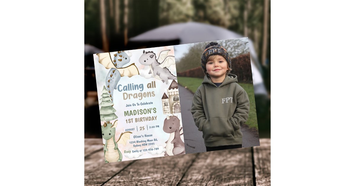 Calling All Dragons Watercolor 1st Birthday Photo Invitation | Zazzle