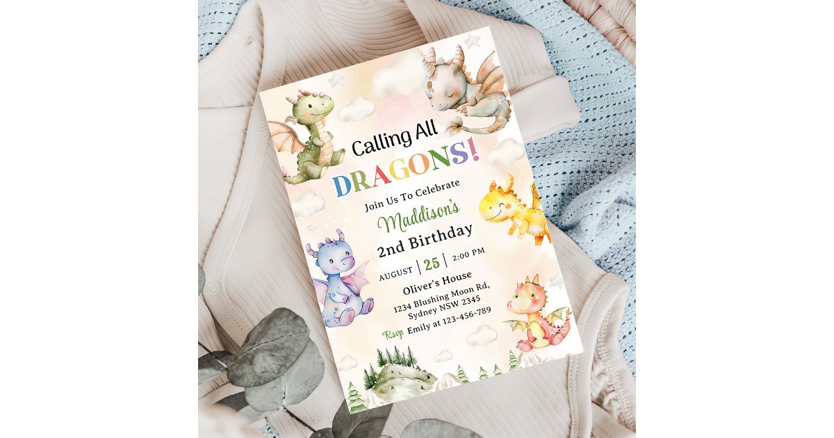 Calling All Dragons Watercolor 2nd Birthday Invitation | Zazzle