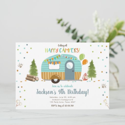 Calling All Happy Campers Camping Boy Birthday Invitation | Zazzle