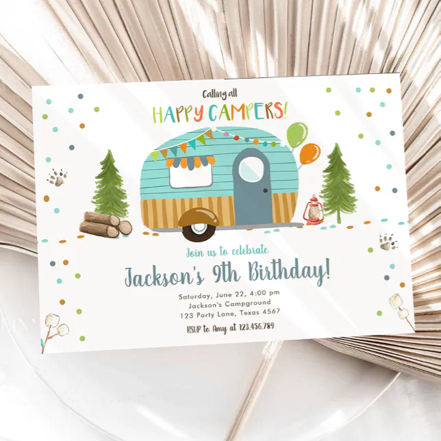 Calling All Happy Campers Camping Boy Birthday Invitation | Zazzle
