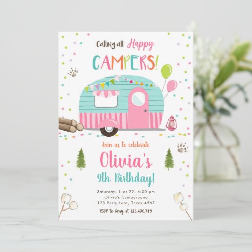 Calling All Happy Campers Camping Girl Birthday Invitation | Zazzle