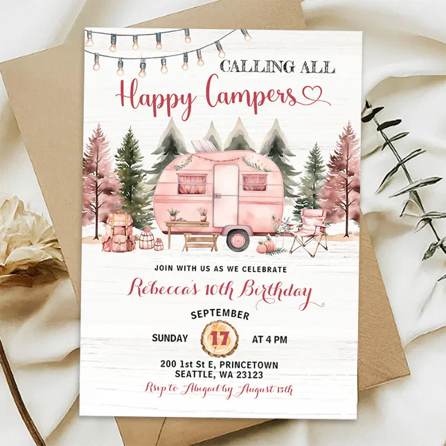 Calling All Happy Campers Pink Camper Van Birthday Invitation | Zazzle