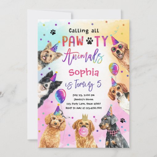 Calling All Party Pawty Animals Dogs Girl Birthday Invitation | Zazzle