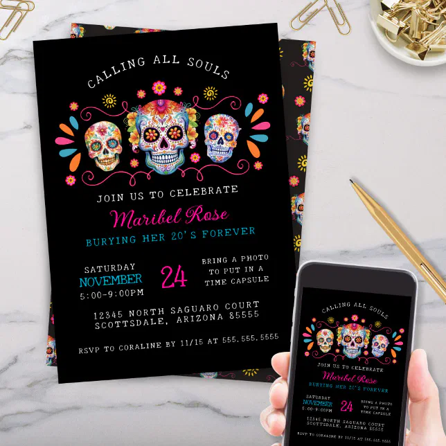 Calling All Souls Mexican Candy Skull Birthday Invitation | Zazzle