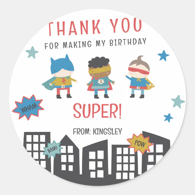 Calling all Superheroes! Superhero Birthday Party Classic Round Sticker ...