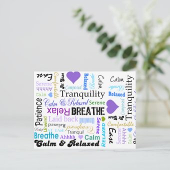 Calm and Relaxing positive words typography Postcard | Zazzle