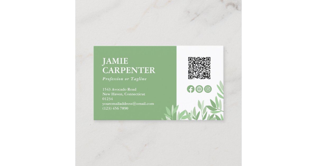 Calm Greenery QR Code Photo Social Media Icons Business Card | Zazzle